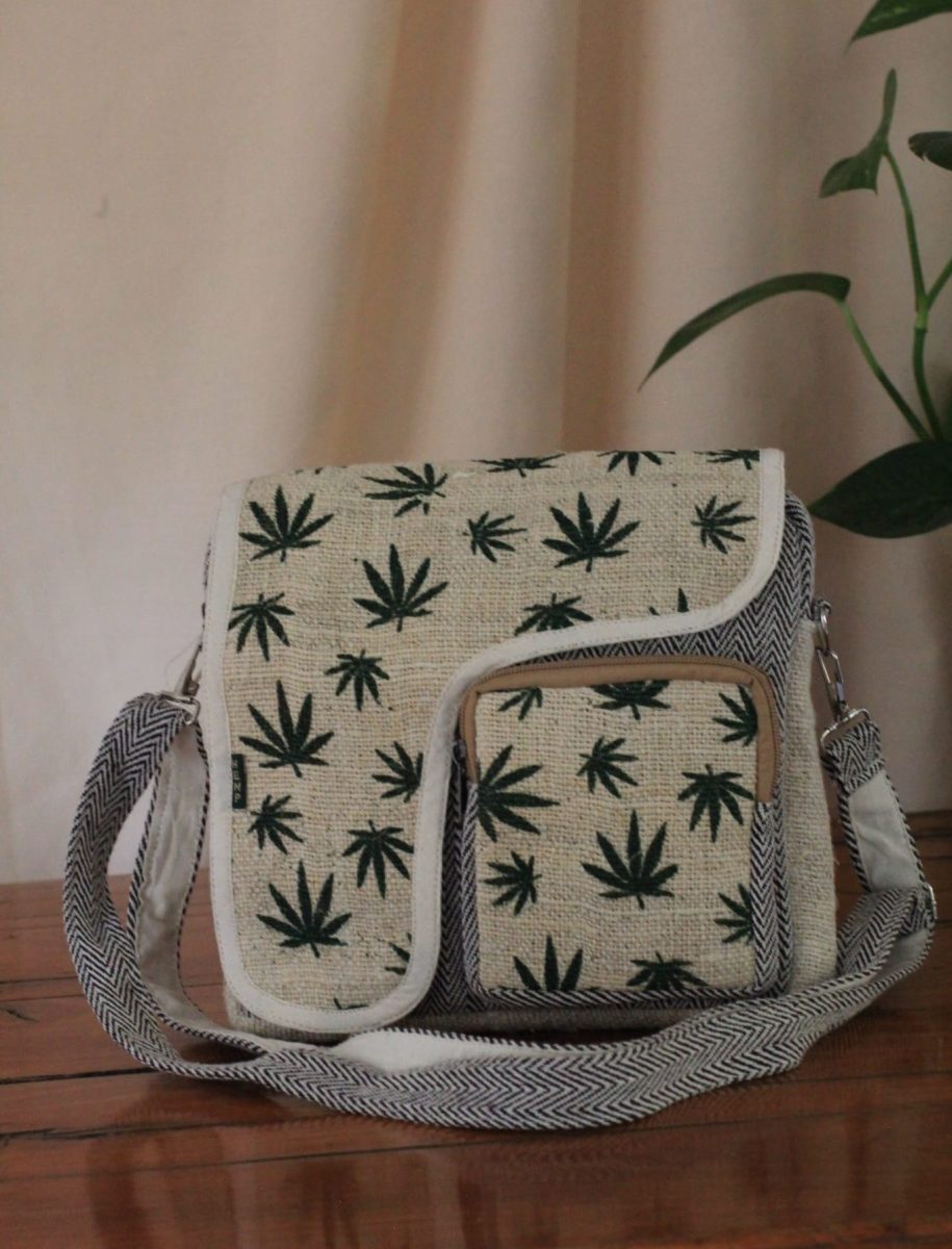 Hemp Side Bag with Green Leaf Printed - Beige